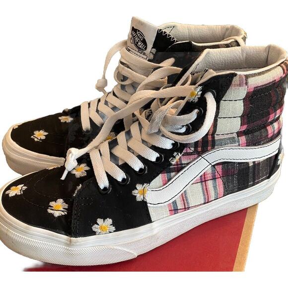 Vans | Shoes | Vans Sk8hi Floral Daisy Plaid Patchwork Black Sneaker ...